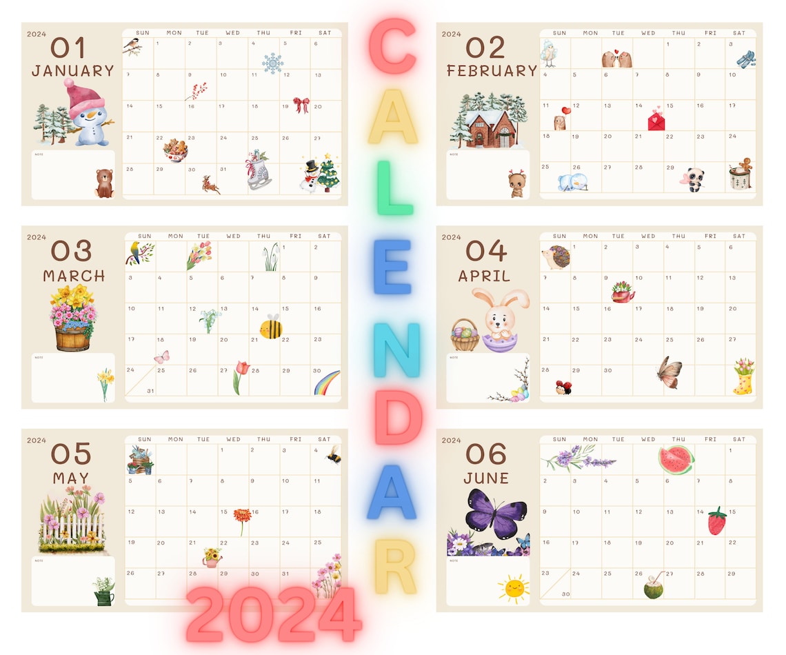Calendar 2024 for Kids and Family PDF Printable Themed - Etsy