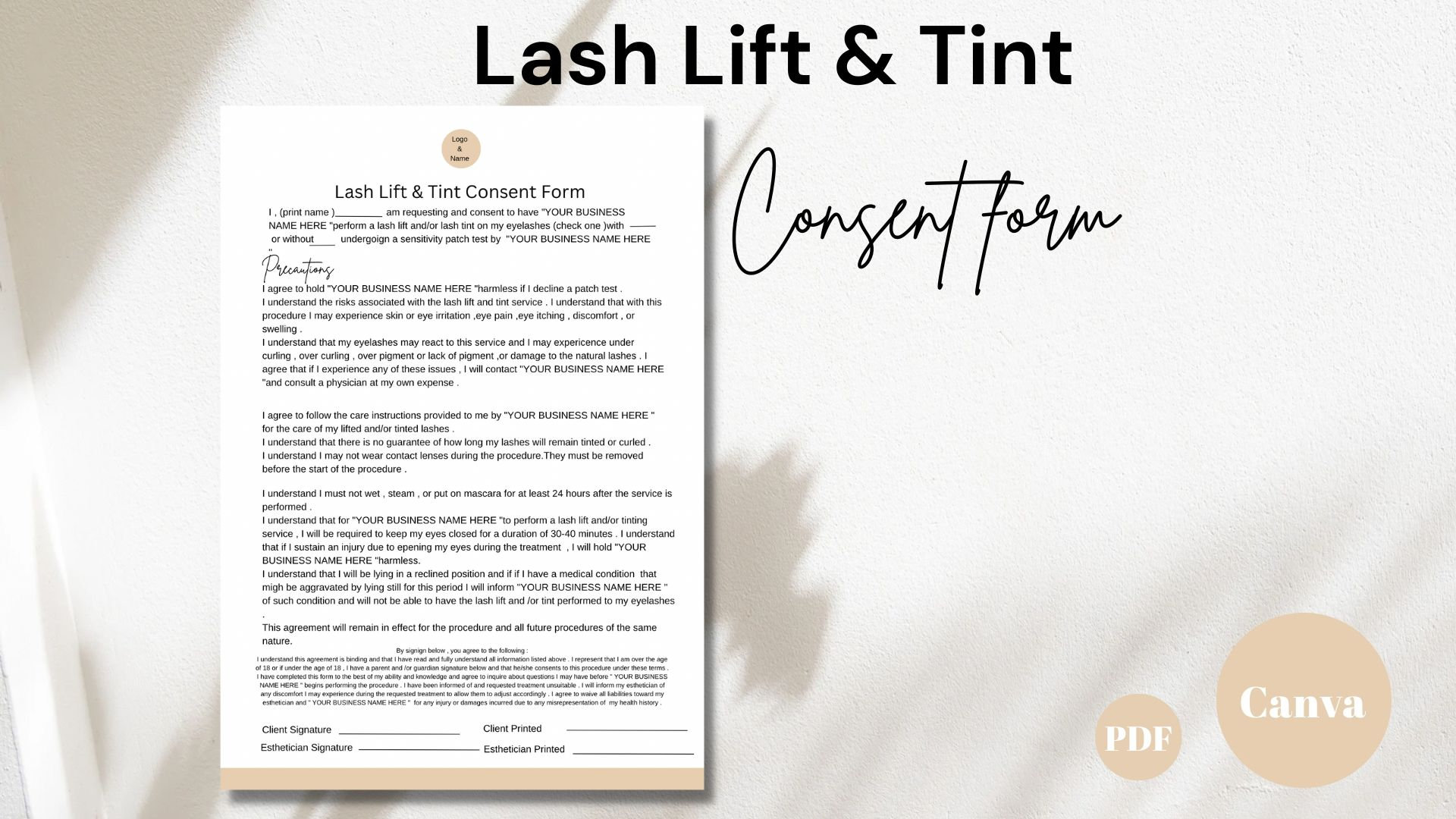 Lash Lift and Lash Tint Consent Form With Patch Test I Esthetician ...