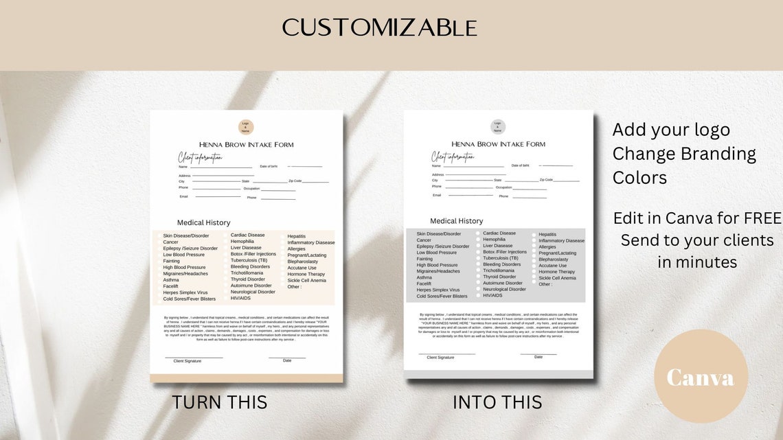 Editable Henna Brow Intake & Consent Forms I Canva T,brow Henna Consent ...