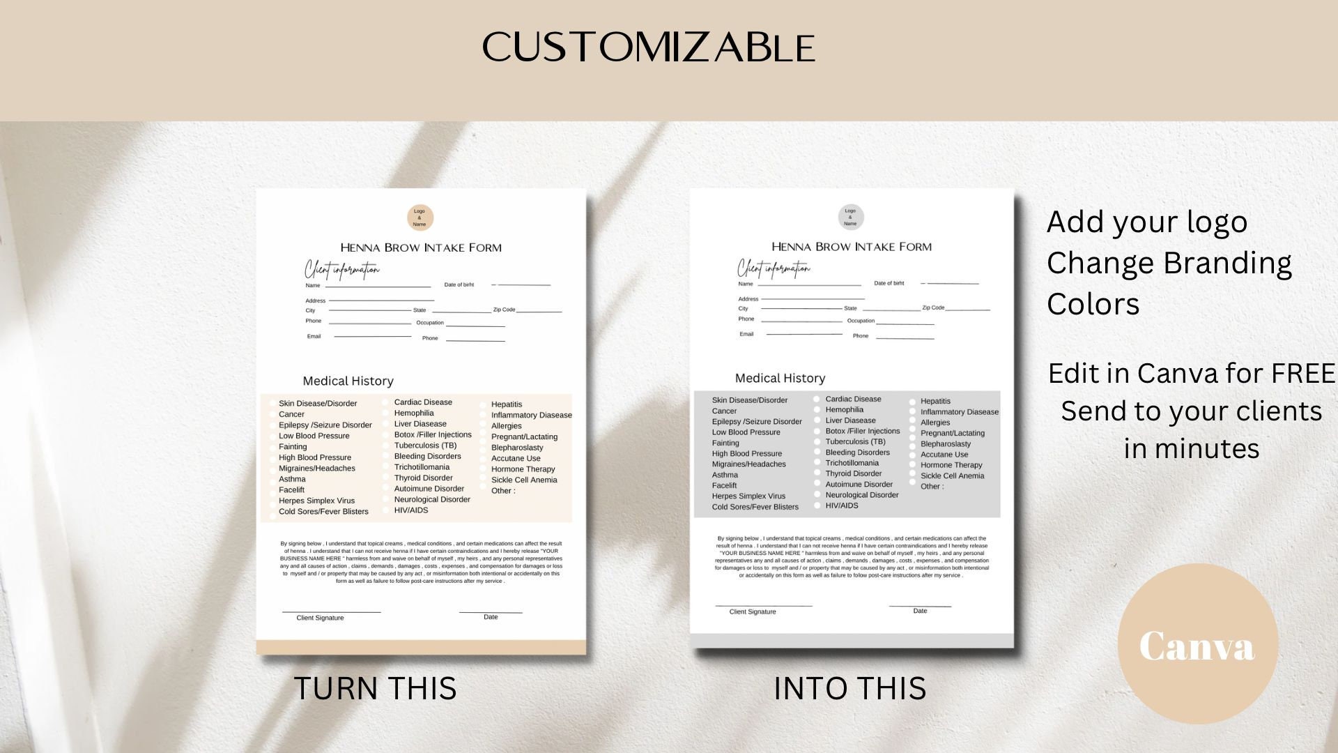 Editable Henna Brow Intake & Consent Forms I Canva T,brow Henna Consent ...