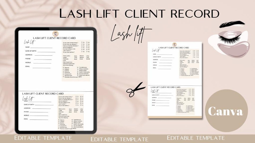 Editable Lash Lift Client Record Card, Printable Eyelash Technician ...