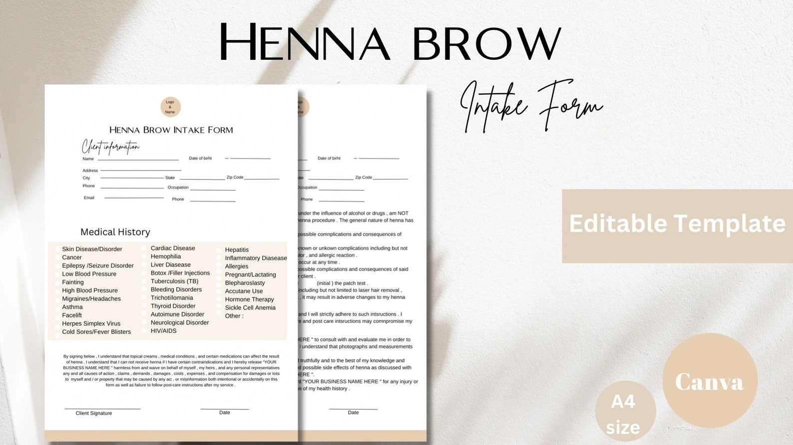 Editable Henna Brow Intake & Consent Forms I Canva T,brow Henna Consent ...