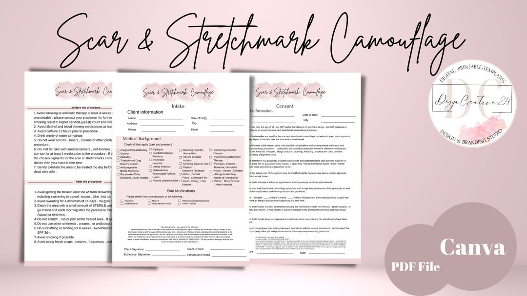 Scar & Stretch Mark Camouflage Intake Form, Editable Consent Form, DIY ...
