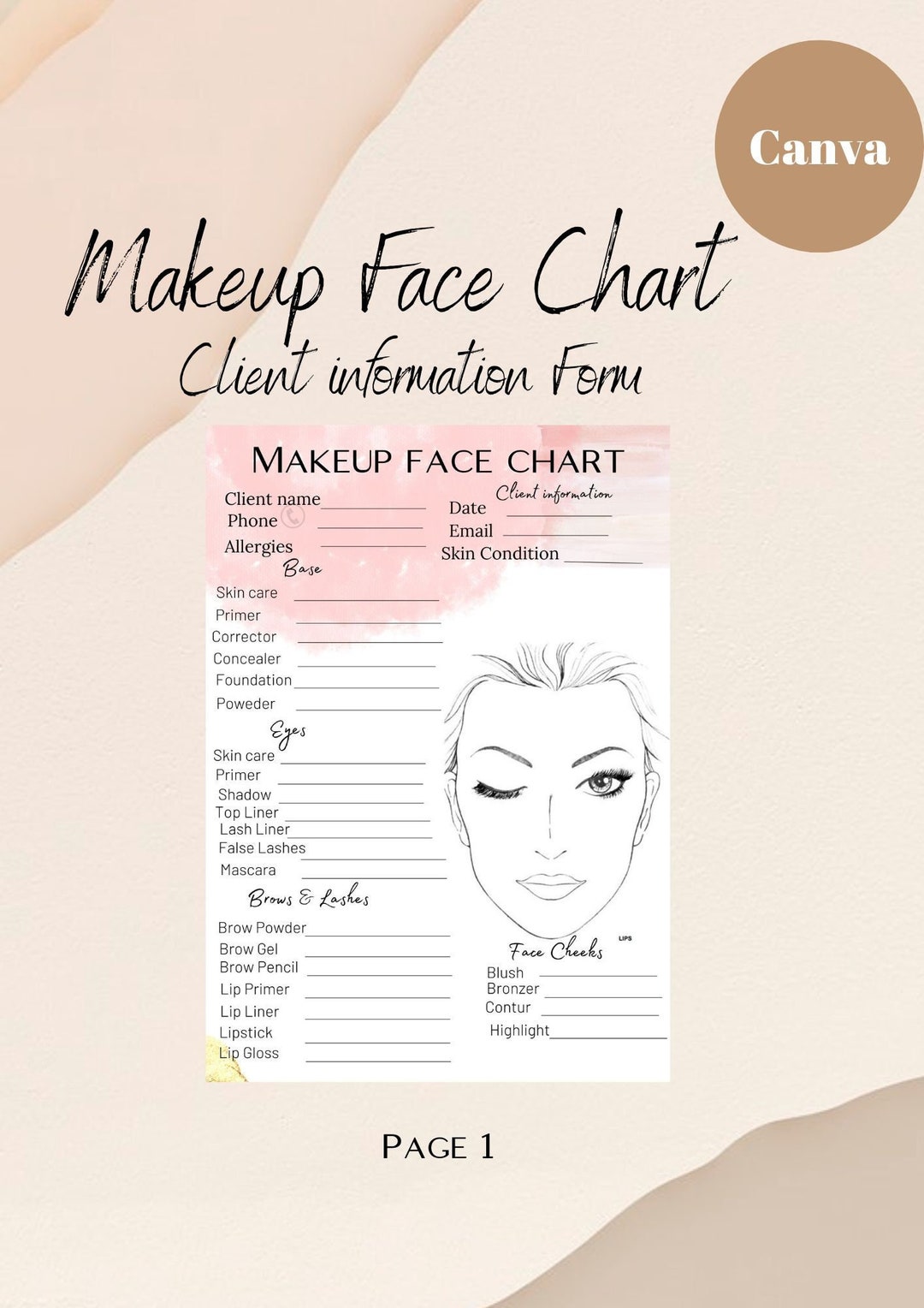 Makeup Artist Face Chart, Makeup Artist Form, Freelance Makeup Form ...