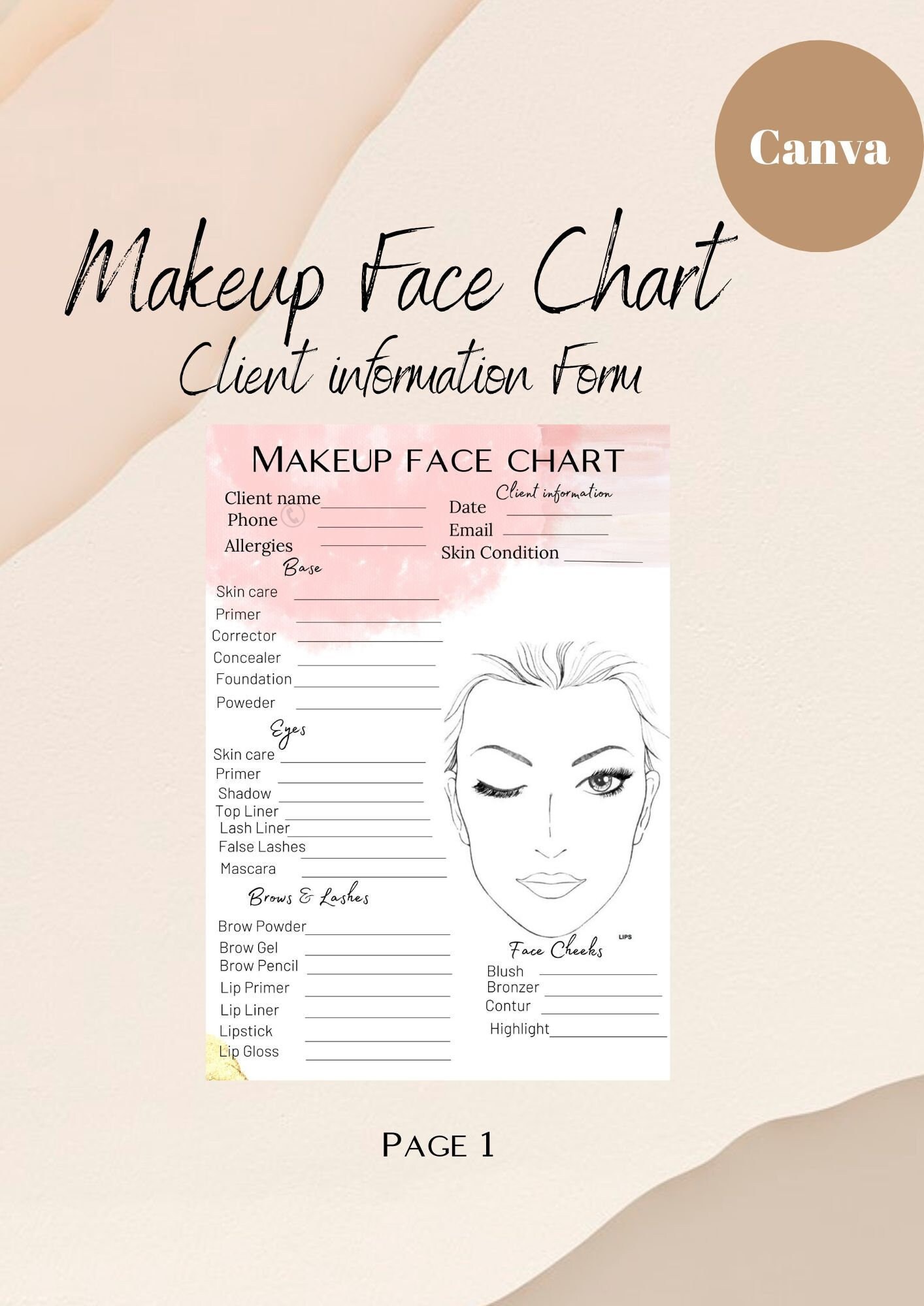 Makeup Artist Face Chart, Makeup Artist Form, Freelance Makeup Form ...