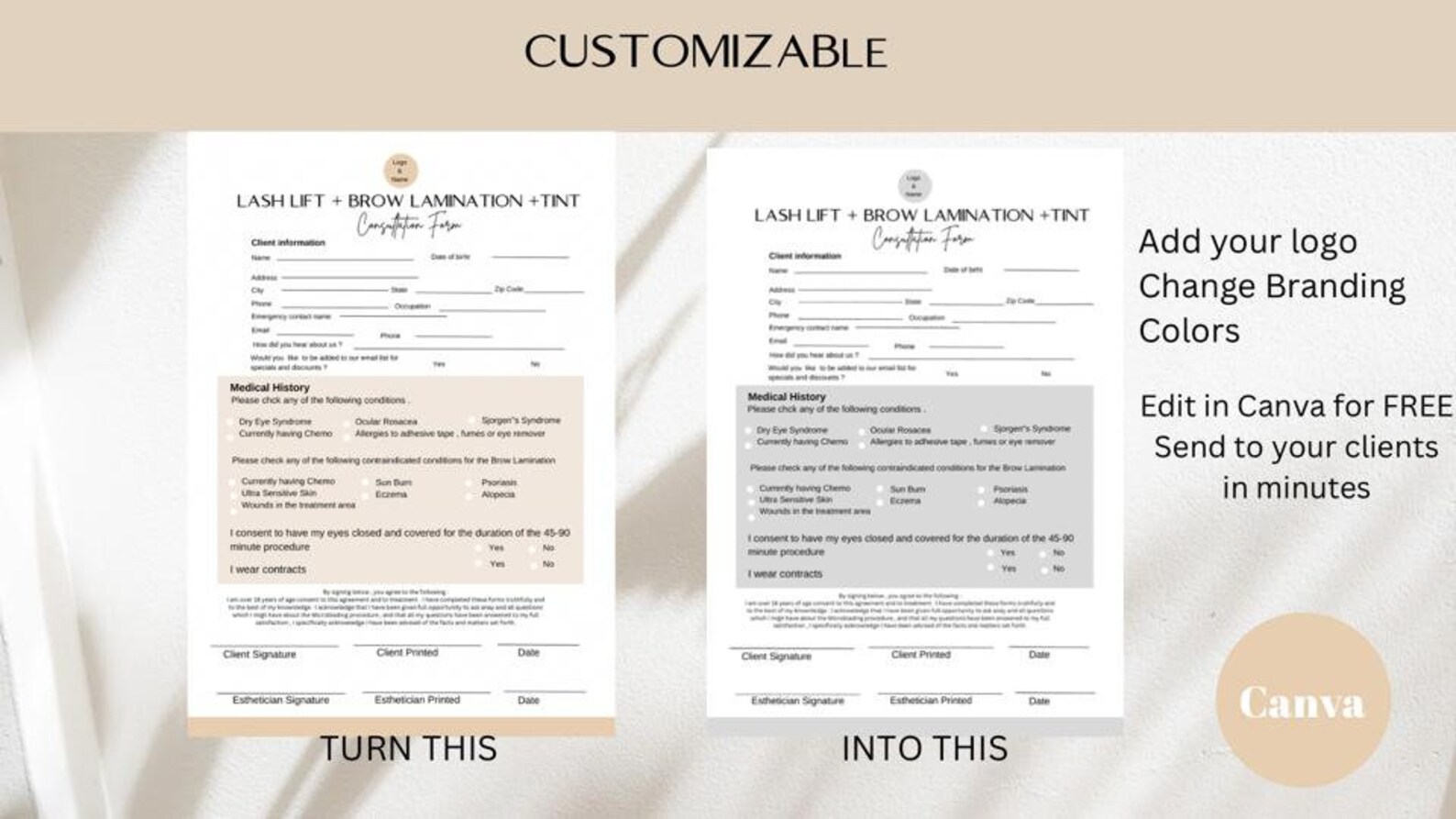 Editable Brow Lamination + Lash Lift + Tint Form, Spa Business Forms ...