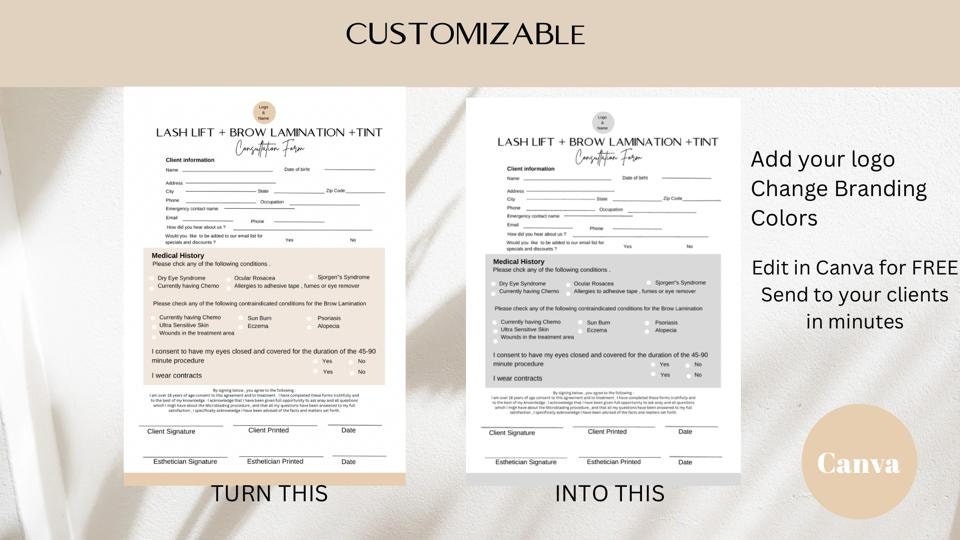 Editable Brow Lamination + Lash Lift + Tint Form, Spa Business Forms ...