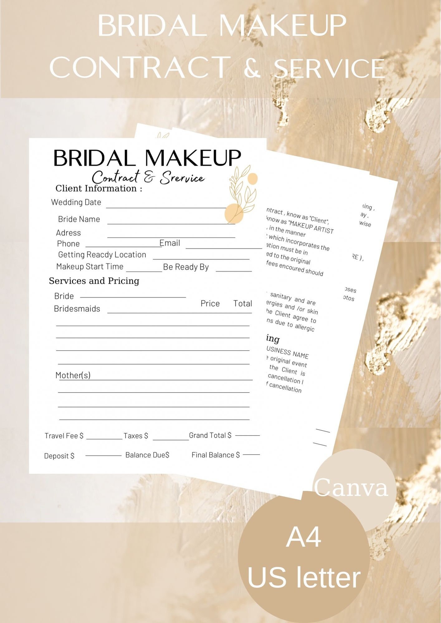Editable Bridal Makeup Contract Template,freelance Makeup Artist ...