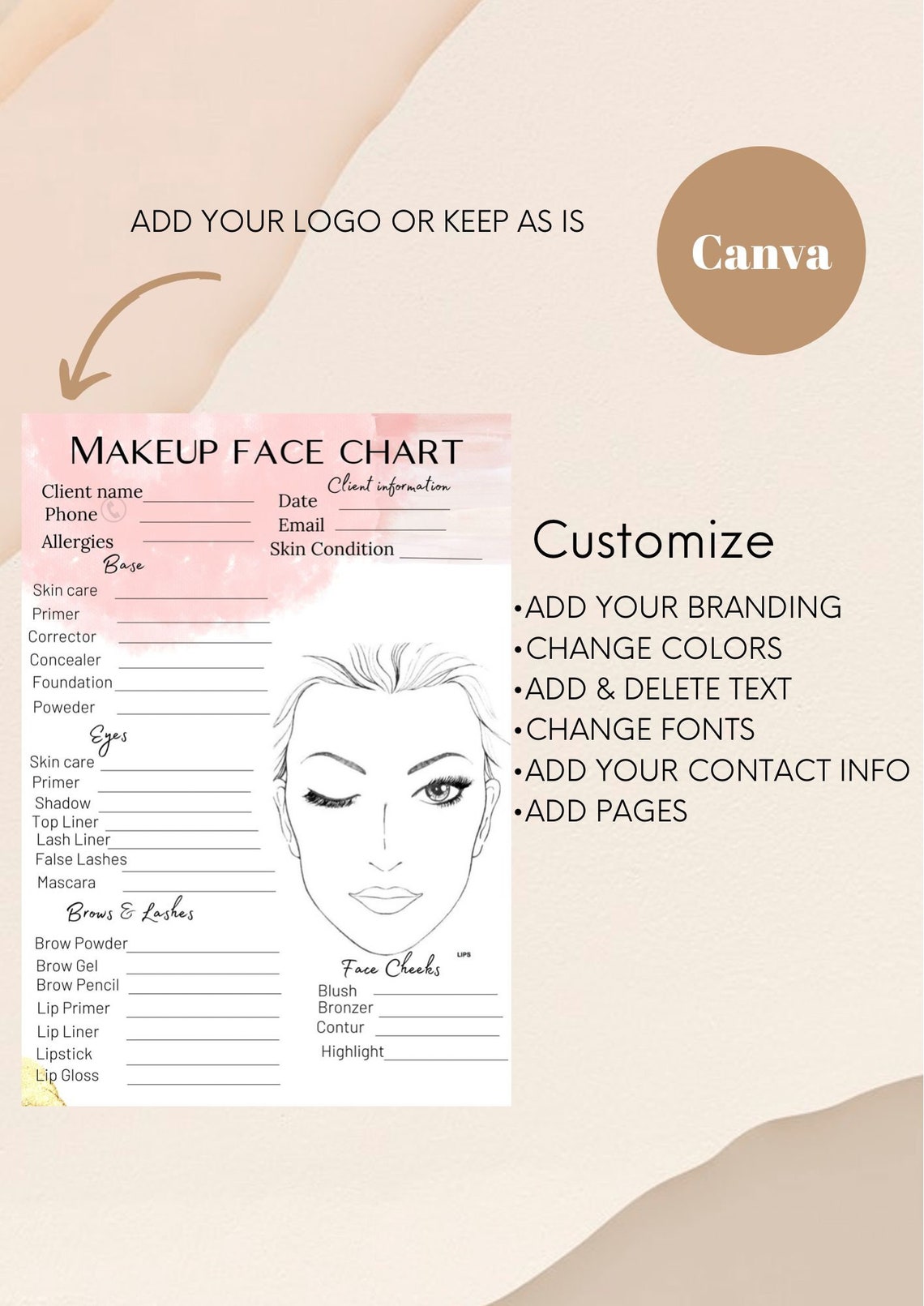 Makeup Artist Face Chart, Makeup Artist Form, Freelance Makeup Form ...
