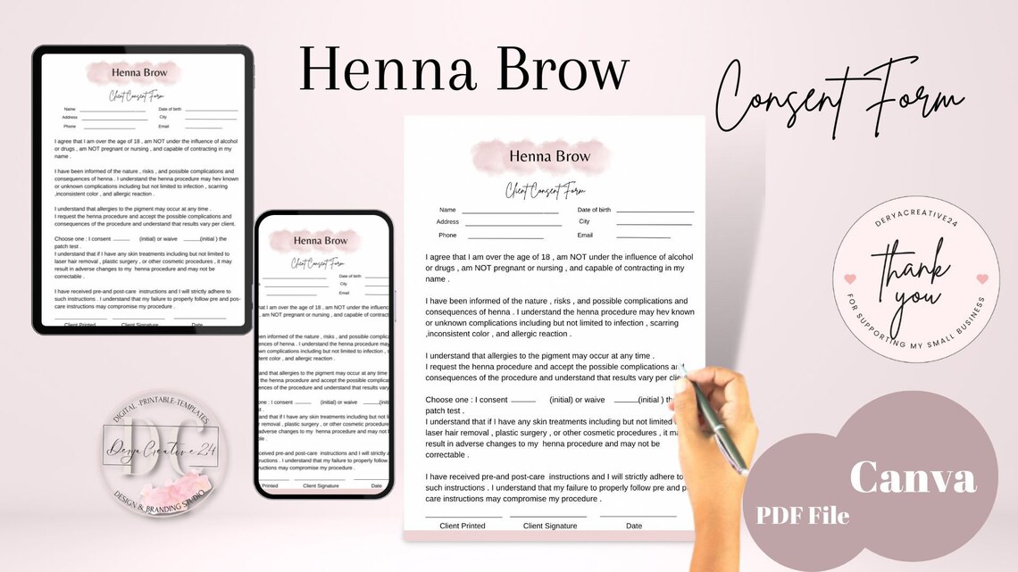 Eyebrow Artist , Henna Brow Consent Form, DIY Editable Printable 1 Page ...