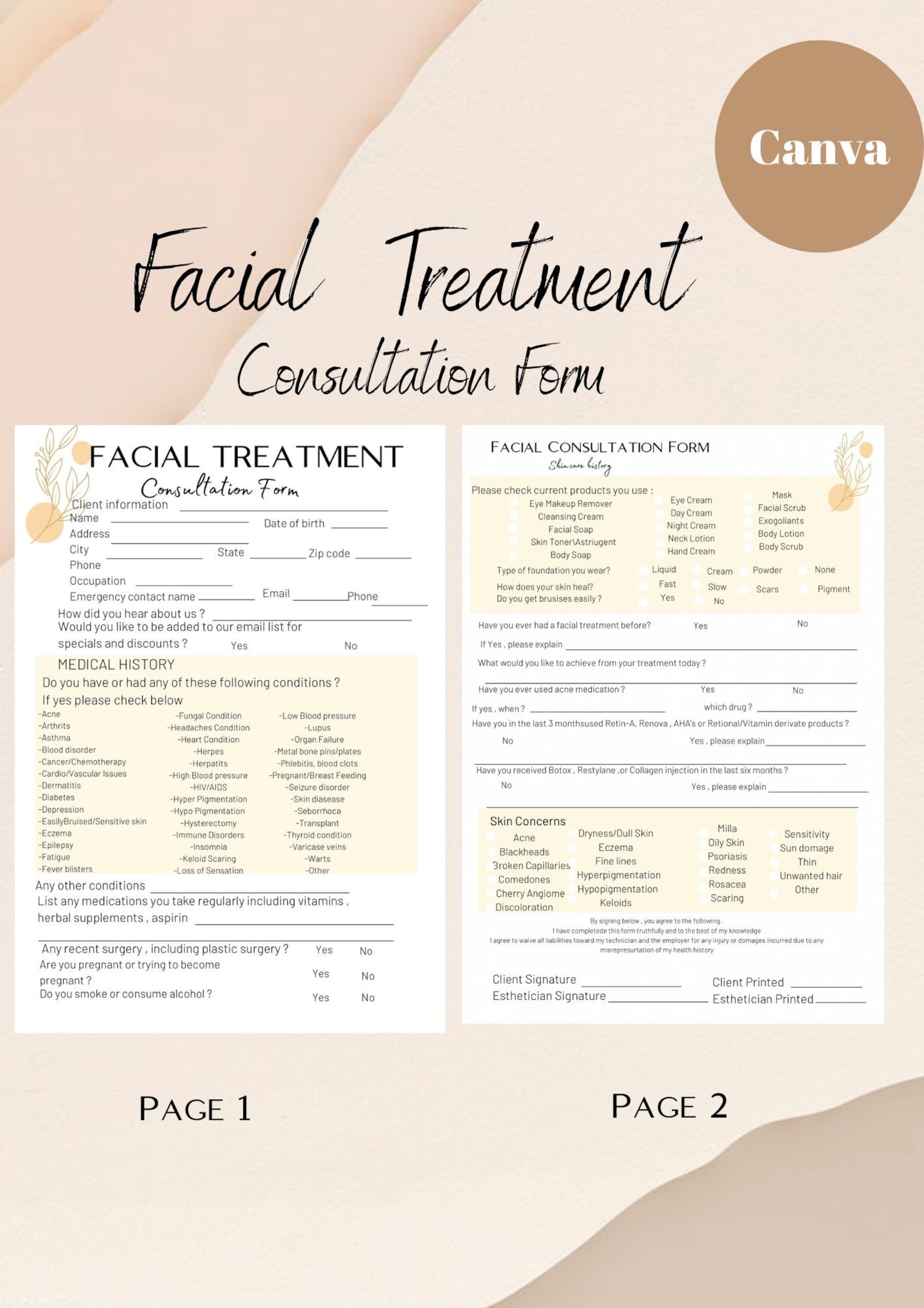 1 Professional Facial Treatment Forms,editable Esthetician Templates ...