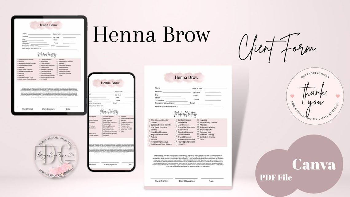 Brow Artist Form , Henna Brow Intake Consent Form I DIY Editable ...