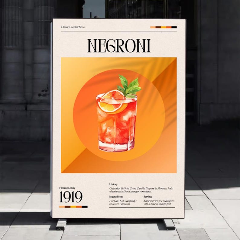 Negroni Art Print Bar Cart Decor Cocktail Poster Signature Drink Sign ...
