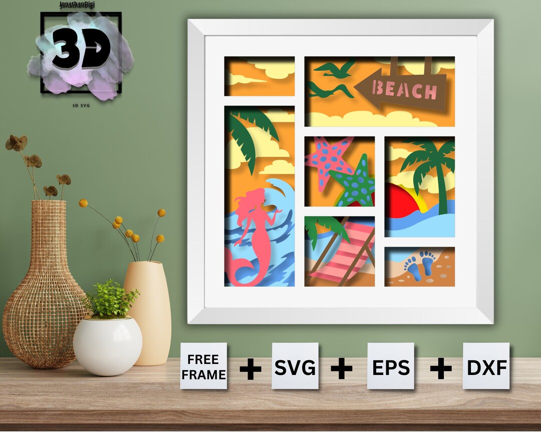3D SVG Sunset Beach Shadow Box, Square Gallery 3D SVG, Beach Sign ...