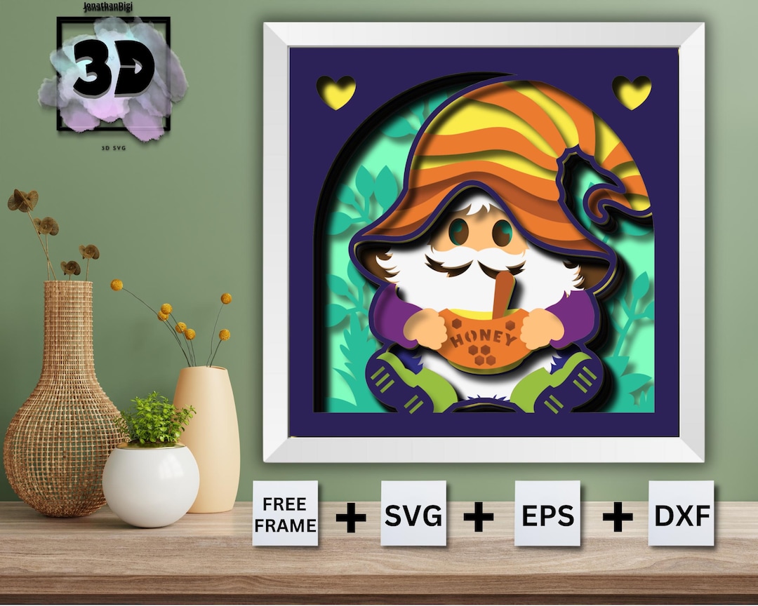 Honey Gnome Shadow Box SVG, 3D Gnome SVG, Honey Bee Gnome Layered SVG ...
