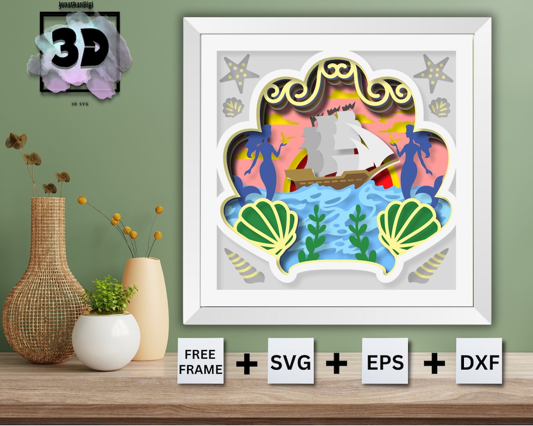 3D SVG Shell Shadow Box, Ship in Shell SVG, Mermaid SVG, Ocean Shadow ...