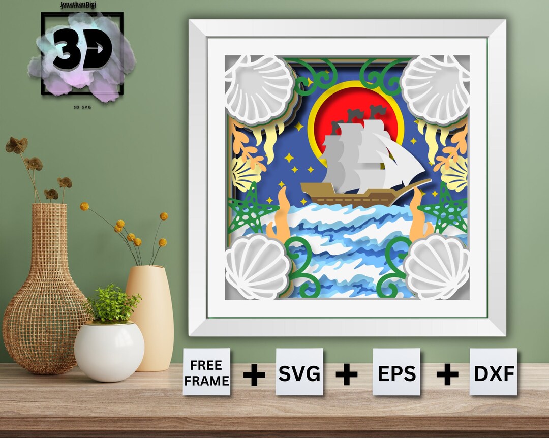 3D SVG Ship Shadow Box, Ocean Theme SVG, Nautical Shadow Box, SVG Beach ...