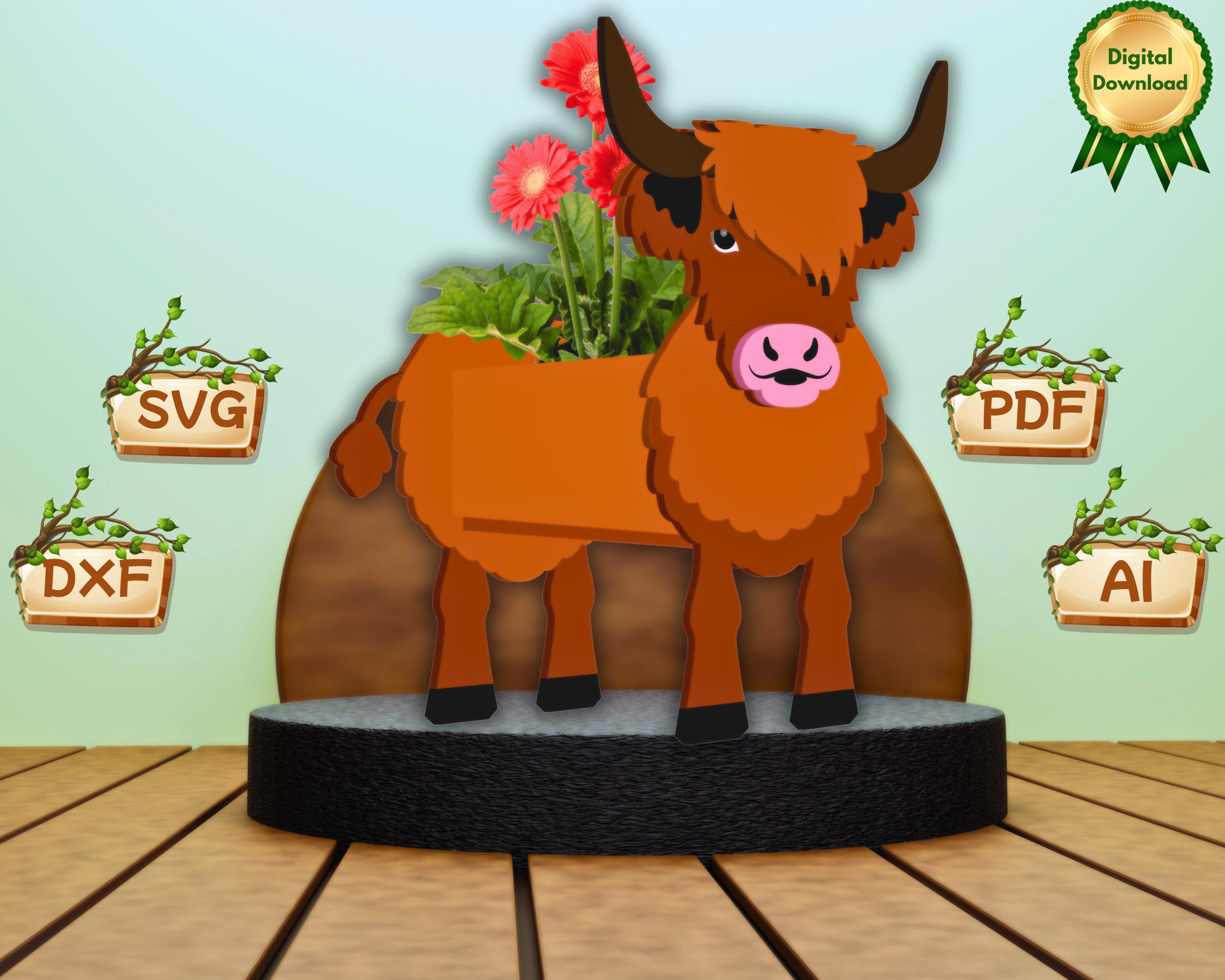 Highland Cow Planter SVG | Scroll Saw & Laser Cut Pattern | Farm Animal ...