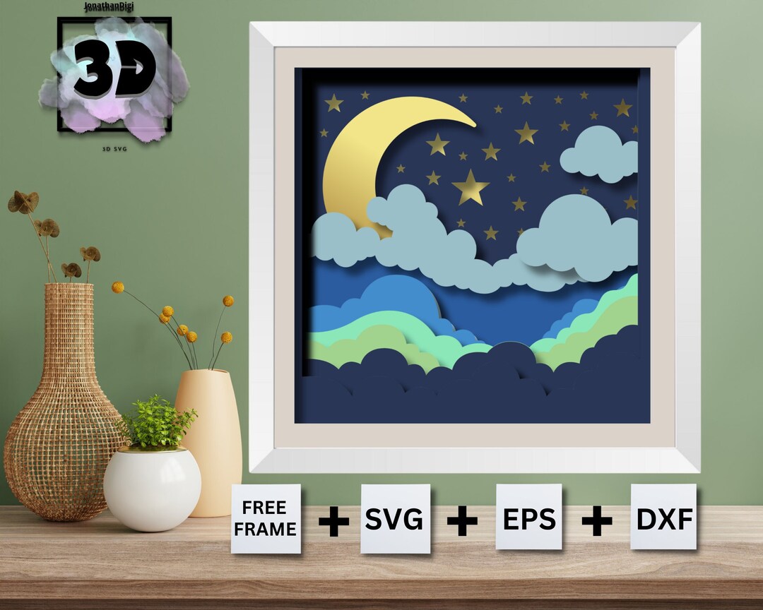 3d Cloudy Sky Shadow Box, 3D Mandala, Moon Shadow Box, Moon and Stars ...