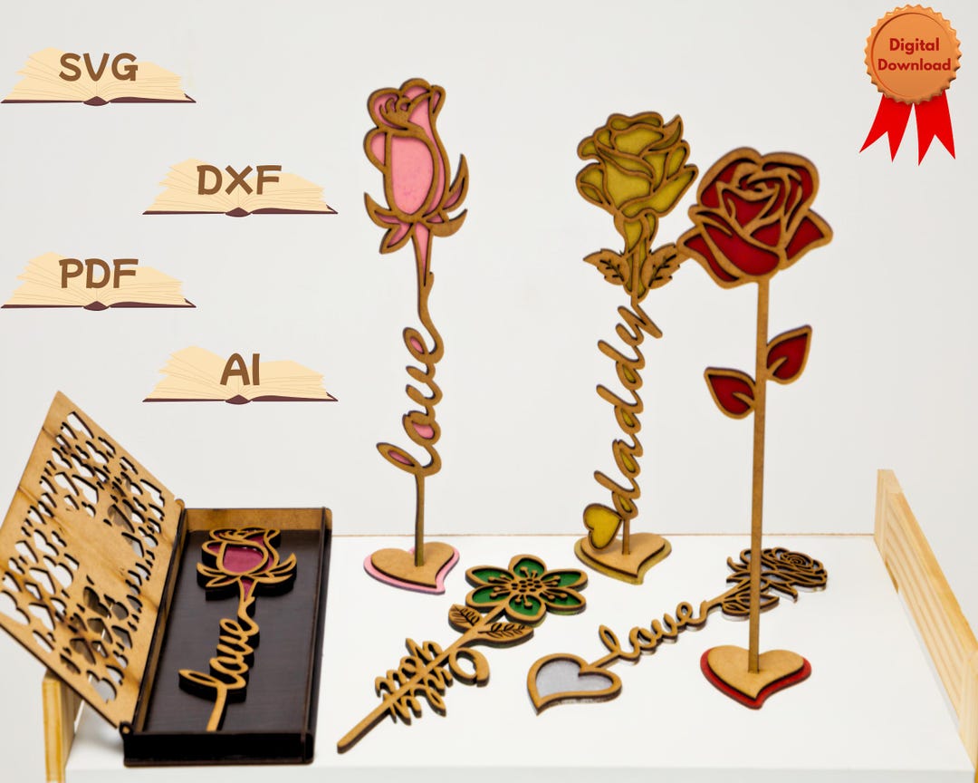 Personalized Rose Bundle SVG | 3 Laser Cut Roses + Stand + Gift Box ...