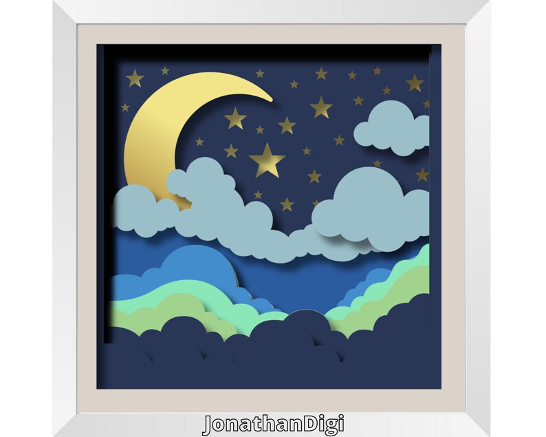 3d Cloudy Sky Shadow Box, 3D Mandala, Moon Shadow Box, Moon and Stars ...