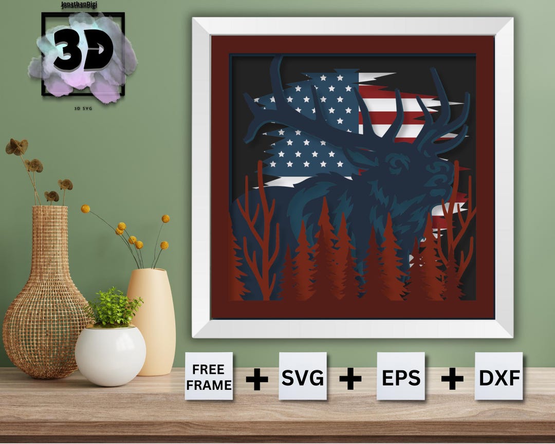 Elk Flag Shadow Box SVG, American Elk Hunting SVG, 3D American Flag Elk ...