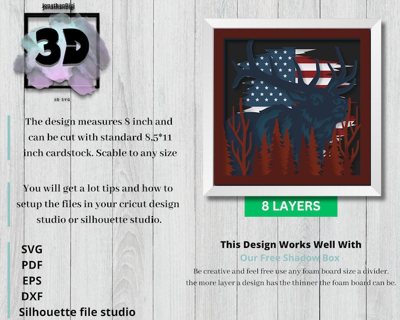 Elk Flag Shadow Box SVG, American Elk Hunting SVG, 3D American Flag Elk ...