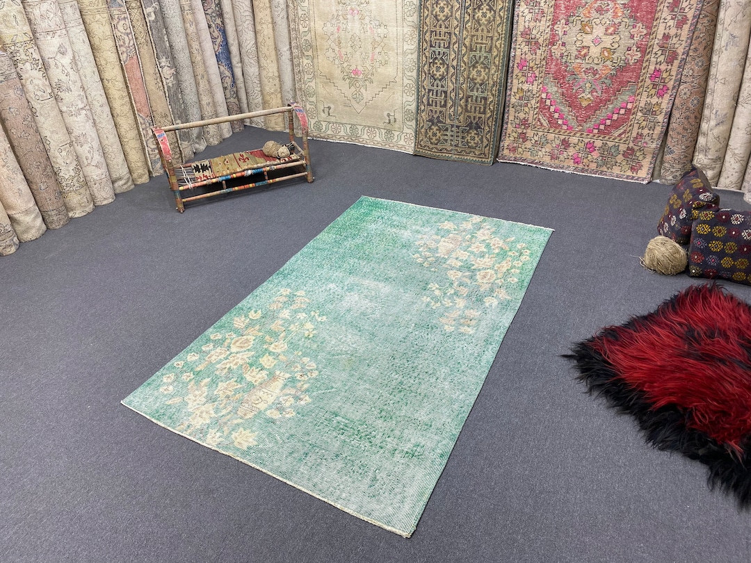 Vintage Turkish Rug, Accent 3.6x5.9 Ft (110x180 Cm) Rug, Green Floral ...