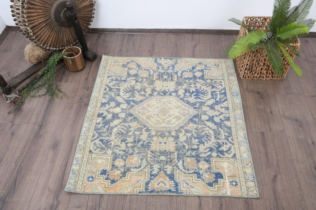Vintage Rug Small Turkish Antique Rugs for Bath 3.4x3.1 Ft Beige Wool ...