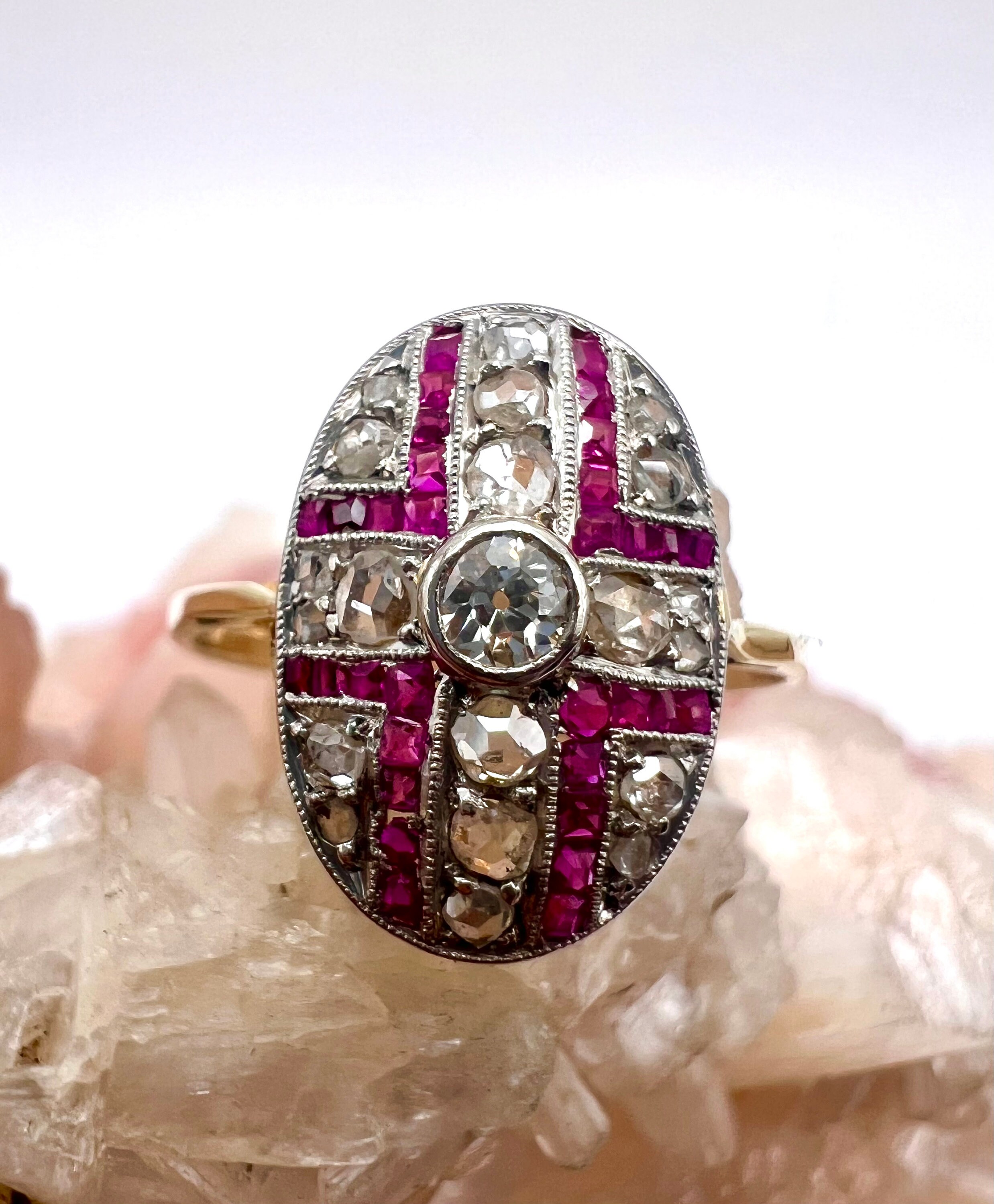 Union Flag Art Deco Ruby and Diamond Stripe Ring Old Cut - Etsy