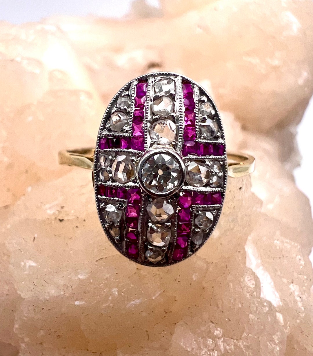Union Flag Art Deco Ruby and Diamond Stripe Ring Old Cut - Etsy