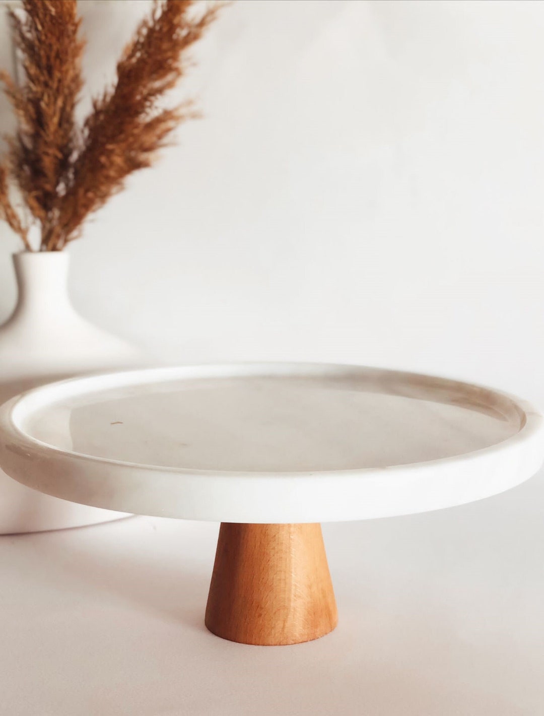 White Round Marble Cake Stand With Wooden Leg, Vanity Tray, Perfume ...