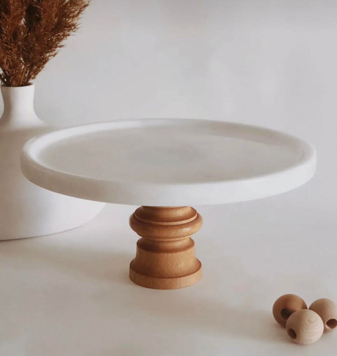 White Round Marble Cake Stand With Wooden Leg, Vanity Tray, Perfume ...