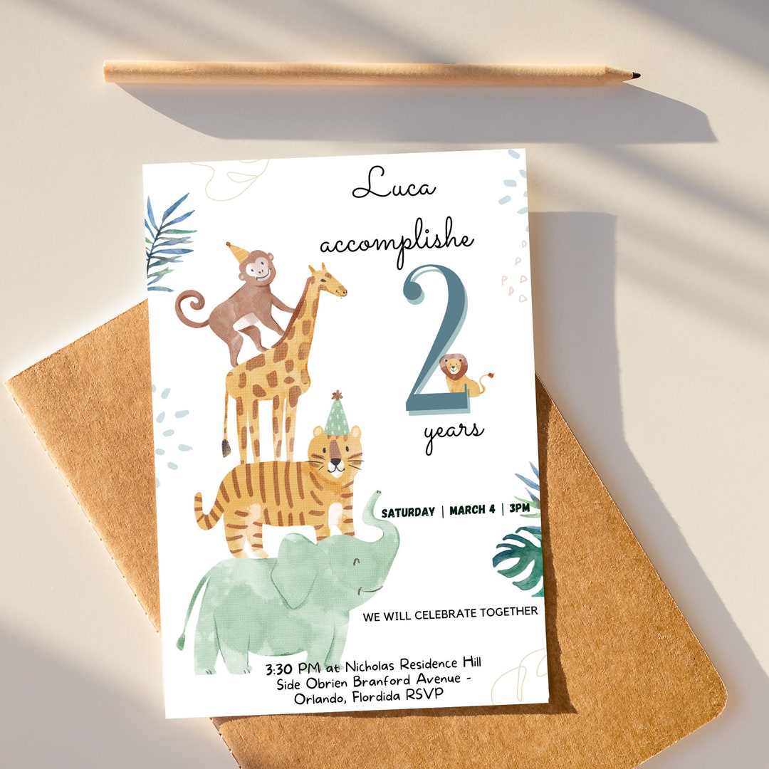Editable Birthday Invitation Girl Two Wild Animals Invite Pink Safari ...