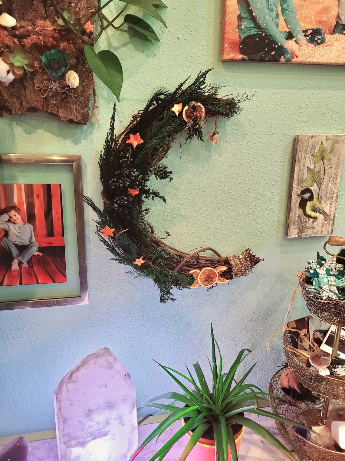 Yule Wreath, Winter Witch Cottage Decor, Evergreen Moon Wreath, Dried ...