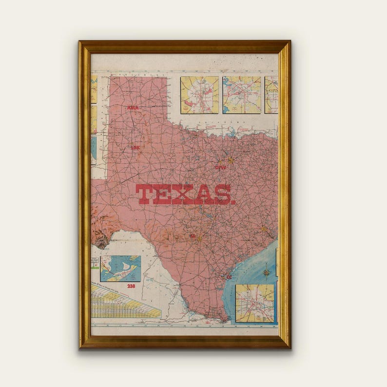 Vintage Texas State Map Art Print, TX Decor - Etsy