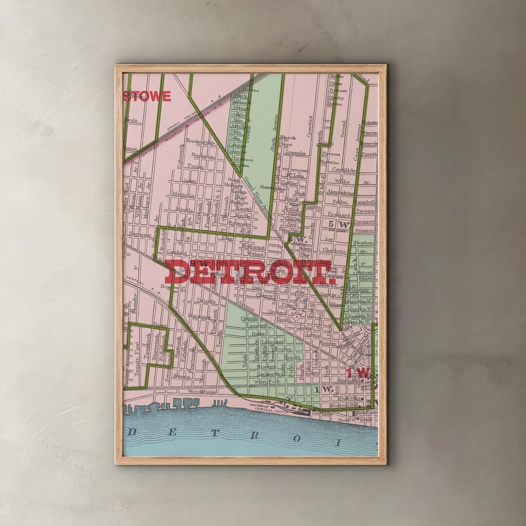 Vintage Detroit Map Print: Pink & Green Retro Wall Art - Etsy