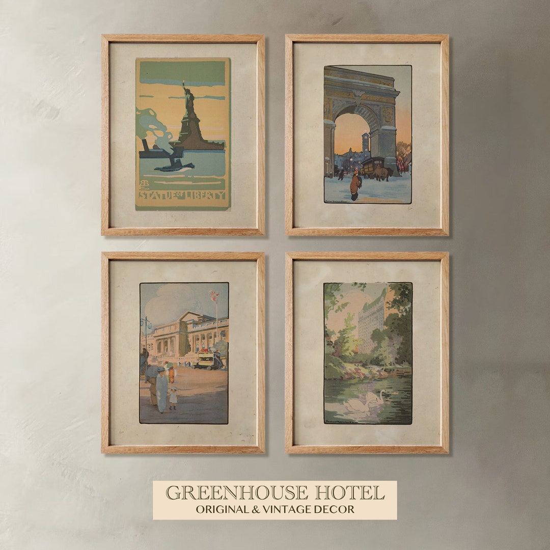 Vintage NYC Poster Set: Statue of Liberty, Library, Plaza Hotel ...