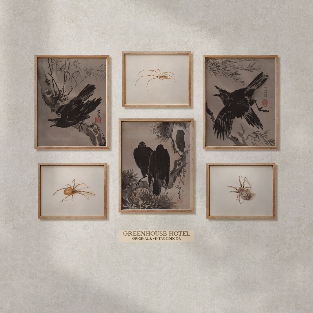 Spiders Crows Art Spooky Halloween Wall Art Vintage Drawings Halloween ...