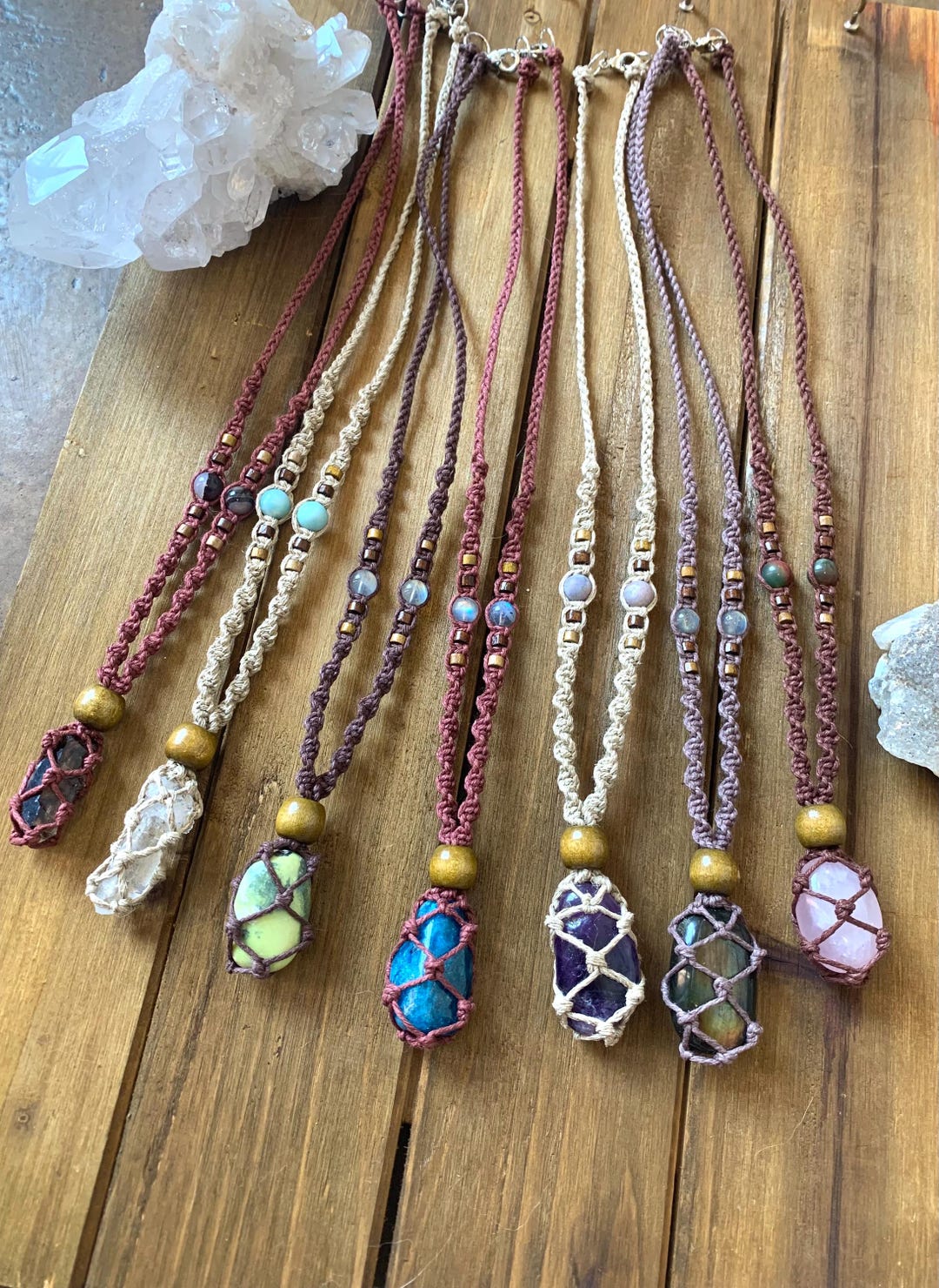 Hand-knotted Hemp Wrapped Crystal Net Necklaces With Genuine Stones ...
