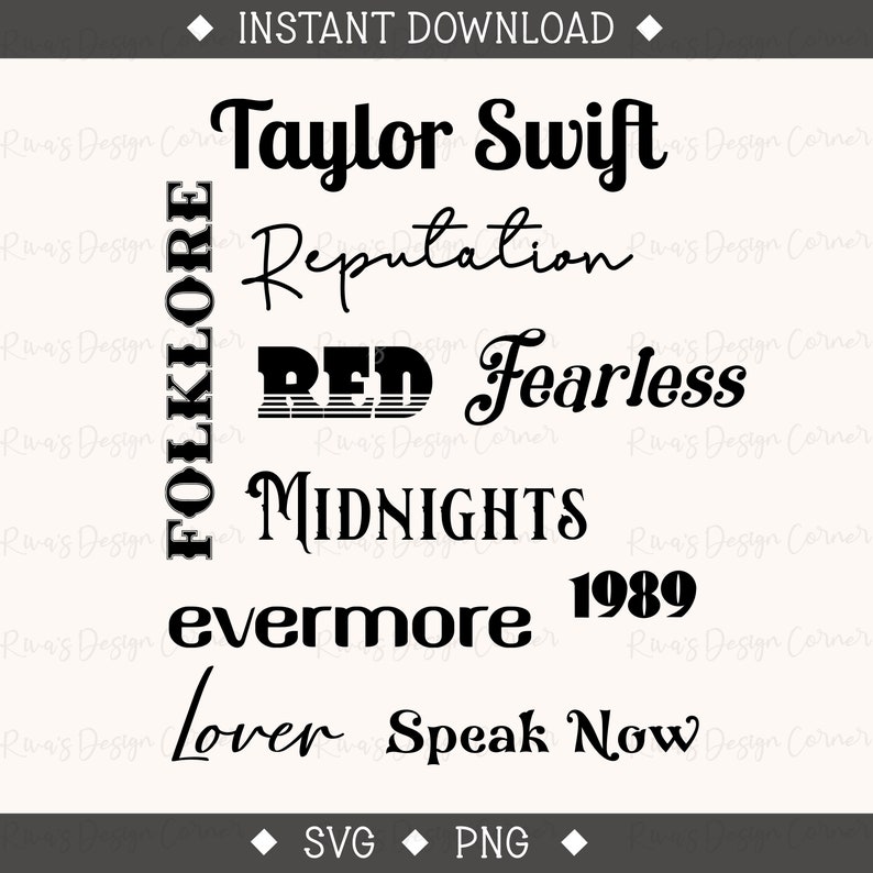Taylor Swift Album Titles Digital Download PNG SVG Graphic, Taylor ...