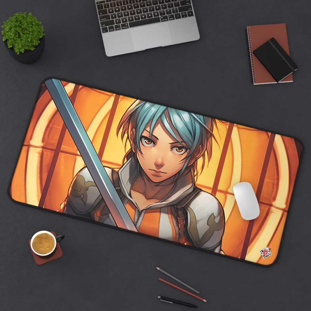 Anime Desk Mat With Aqua and Amber Palette and Sword Design - Perfect ...