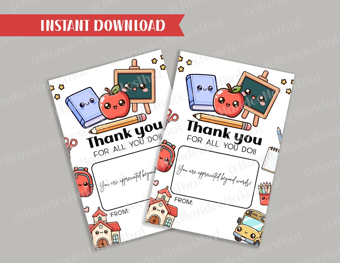 Teacher Appreciation Gift Tags – Printable Thank You Cards (instant ...