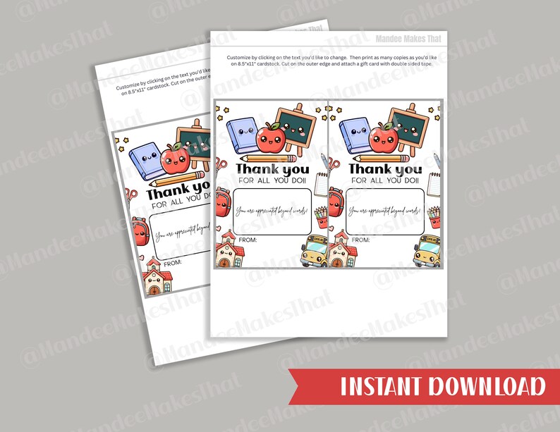 Teacher Appreciation Gift Tags – Printable Thank You Cards (instant ...