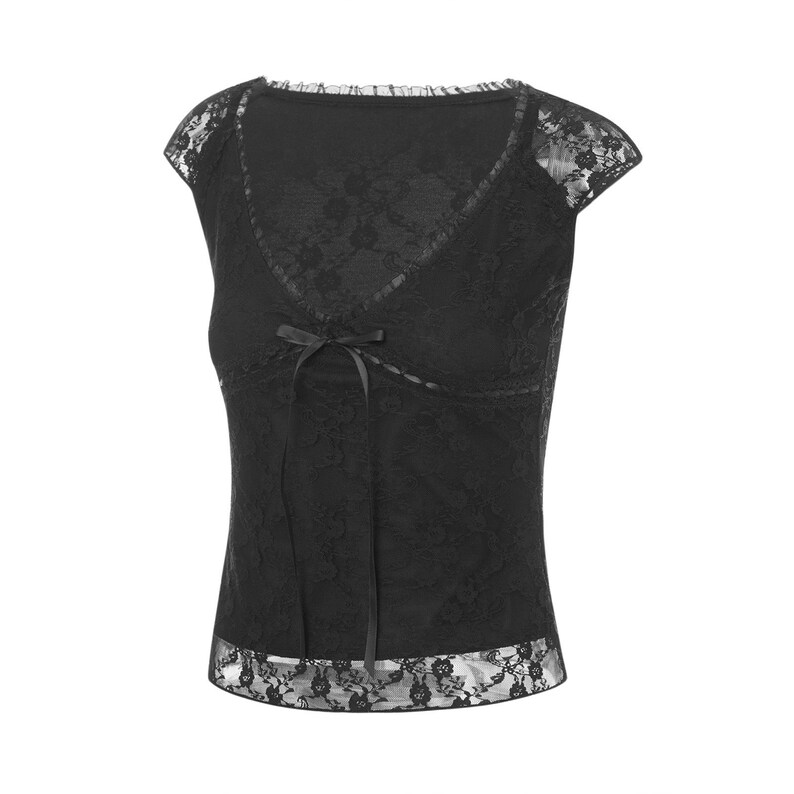 Y2k Fairy Vintage Lace T Shirt Kawaii Bow V Neck Slim Fit Crop Etsy