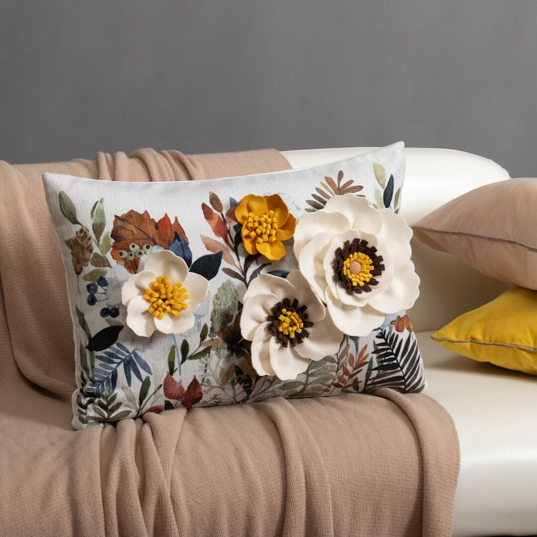 Chenille Lumbar Pillow Cover: 3D Peony Flowers, Soft Floral Cushion - Etsy