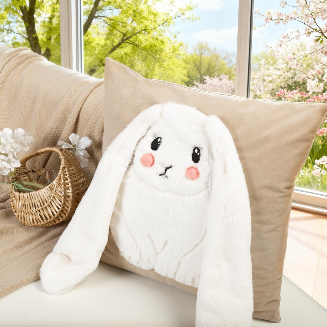 Cute 3D White Bunny Pillow Cover With Long Plush Ears,spring Decor ...