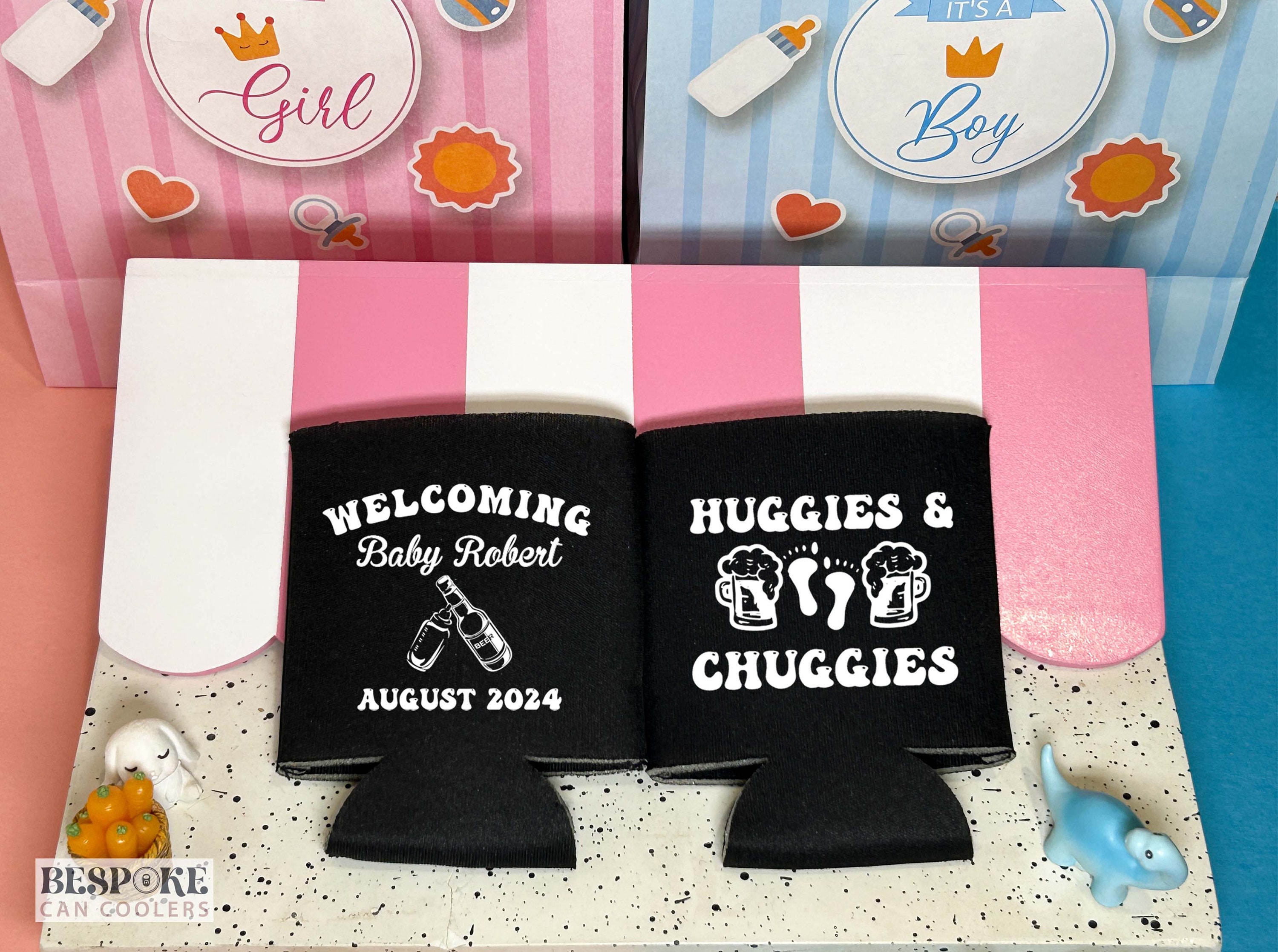 Huggies and Chuggies - Baby Shower Can Coolers, Personalized Can ...