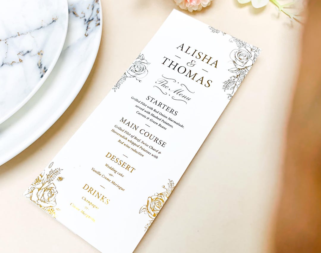 White and Gold Wedding Menu - Gold Foil Menu, Paper Menu, Printed Menu ...