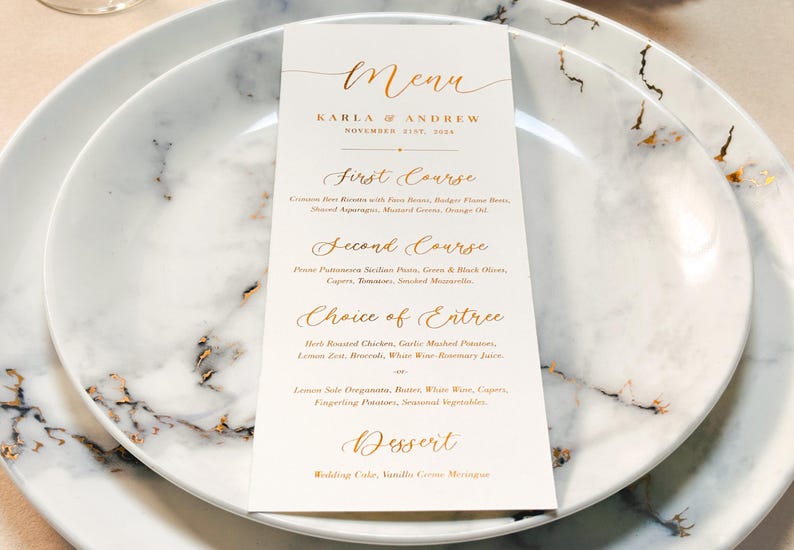 Personalized Wedding Menu - Gold and White Menu, Custom Menu, Paper ...